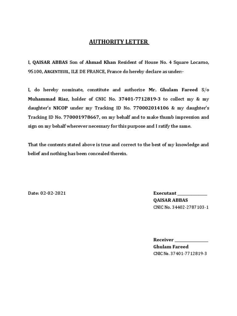 Authority Letter: Muhammad Riaz, Holder of CNIC No. 37401-7712819-3 To ...