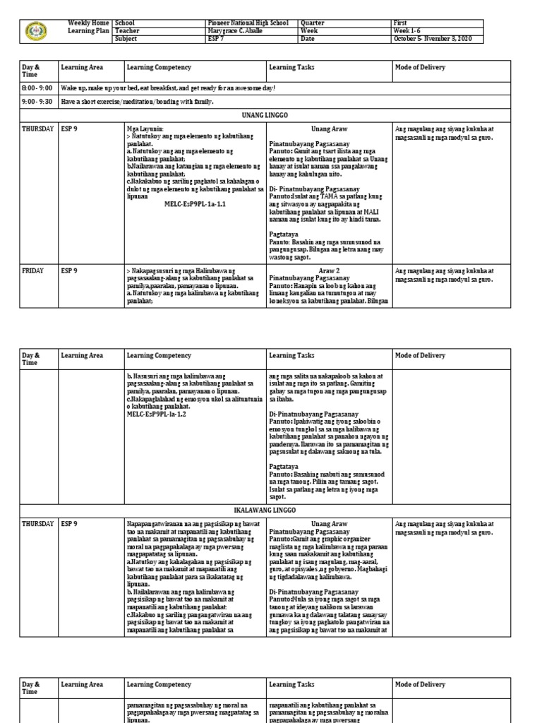 Esp 9 Weekly Home Learning Plan Week 1-4 | PDF