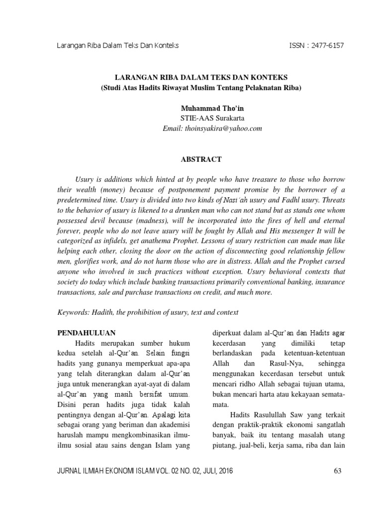 Larangan Riba Dalam Teks Dan Konteks (Studi Atas Hadits Riwayat Muslim ...