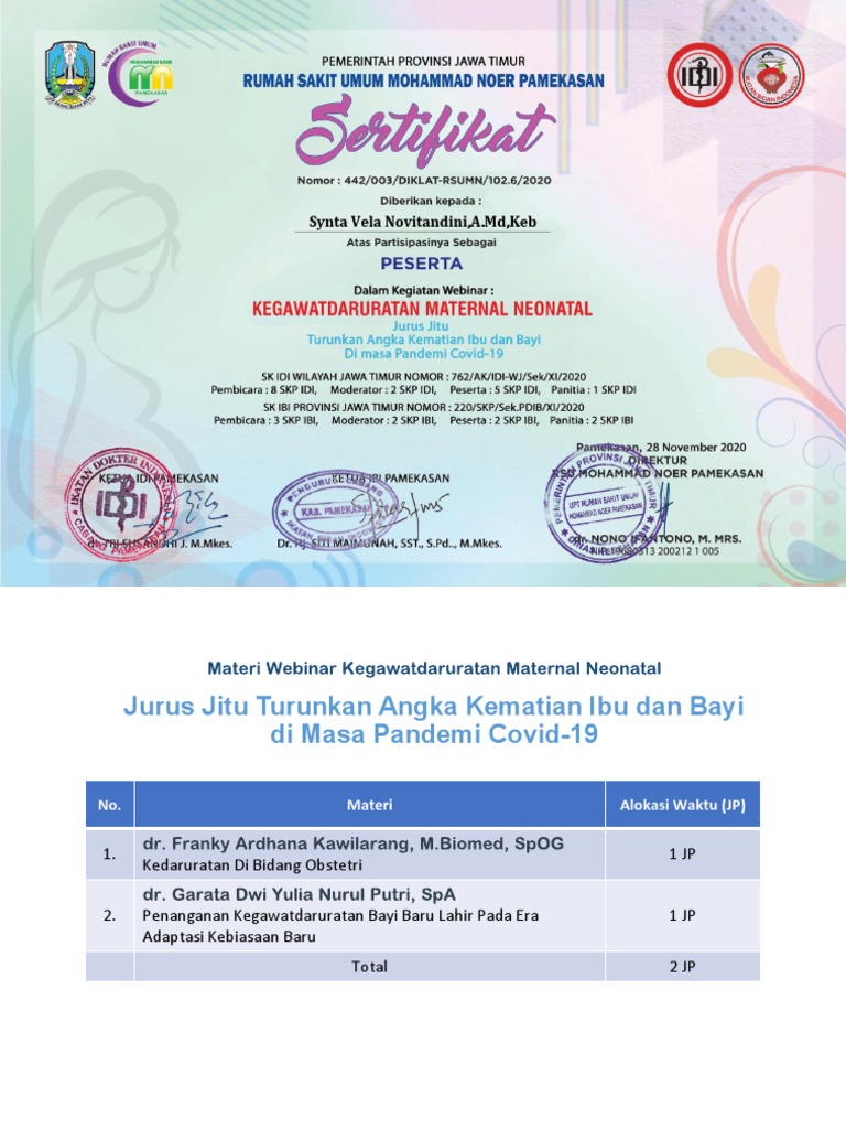 SERTIFIKAT Synta Vela Novitandini, A.Md, Keb | PDF