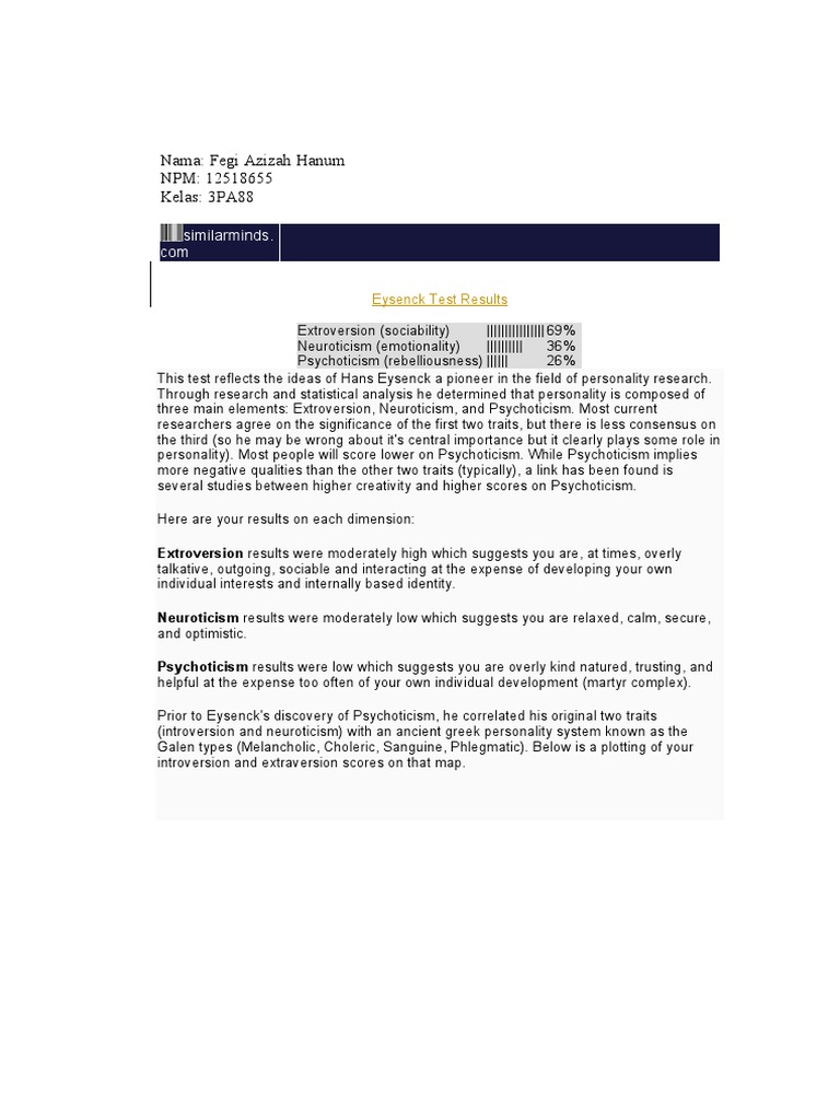 Hasil EPT (Eysenck Personality Inventory - Test) | PDF