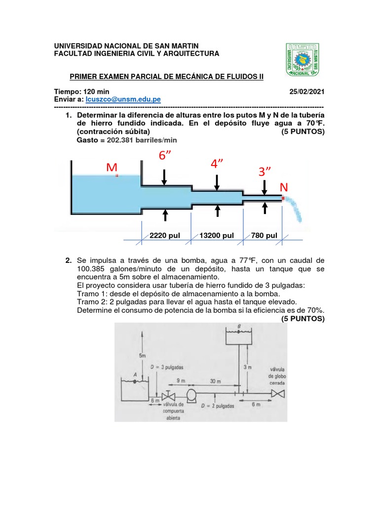 Examen Parcial de Mecanica de Fluidos I | PDF | Bomba | Tubería (transporte de fluidos)