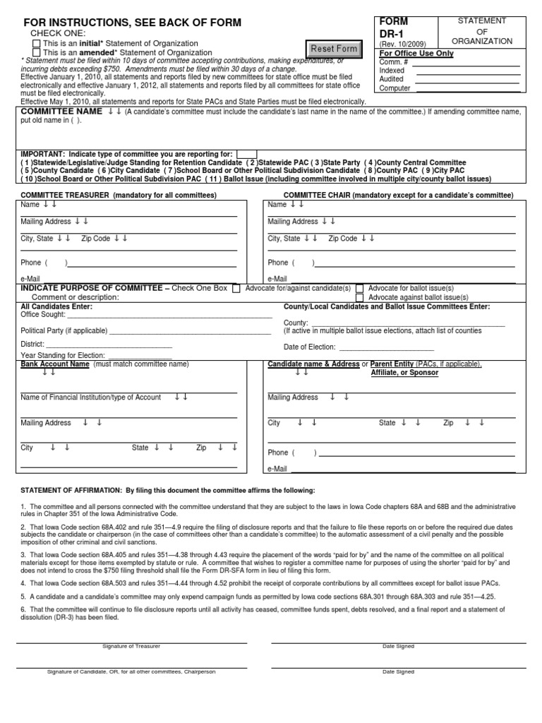 For Instructions, See Back of Form DR-1: Committee Name | PDF ...