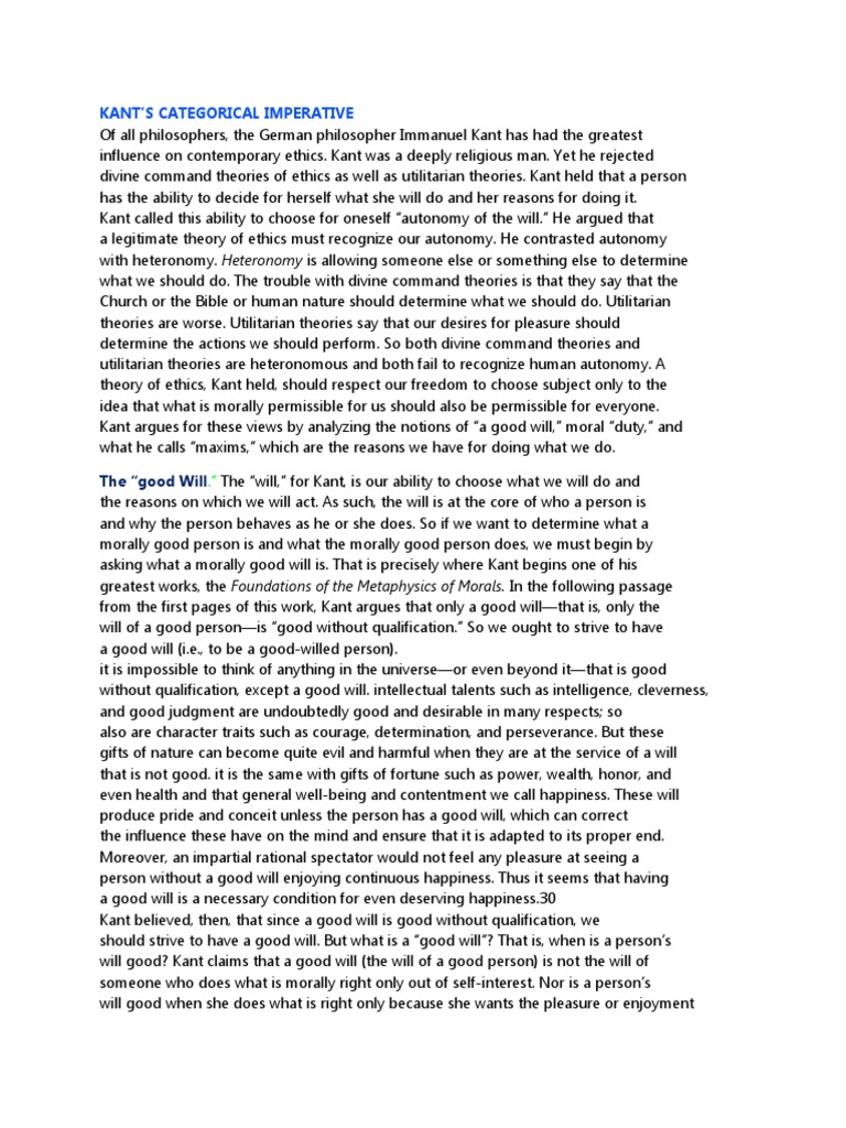 Kant'S Categorical Imperative: The "Good Will | PDF | Autonomy ...