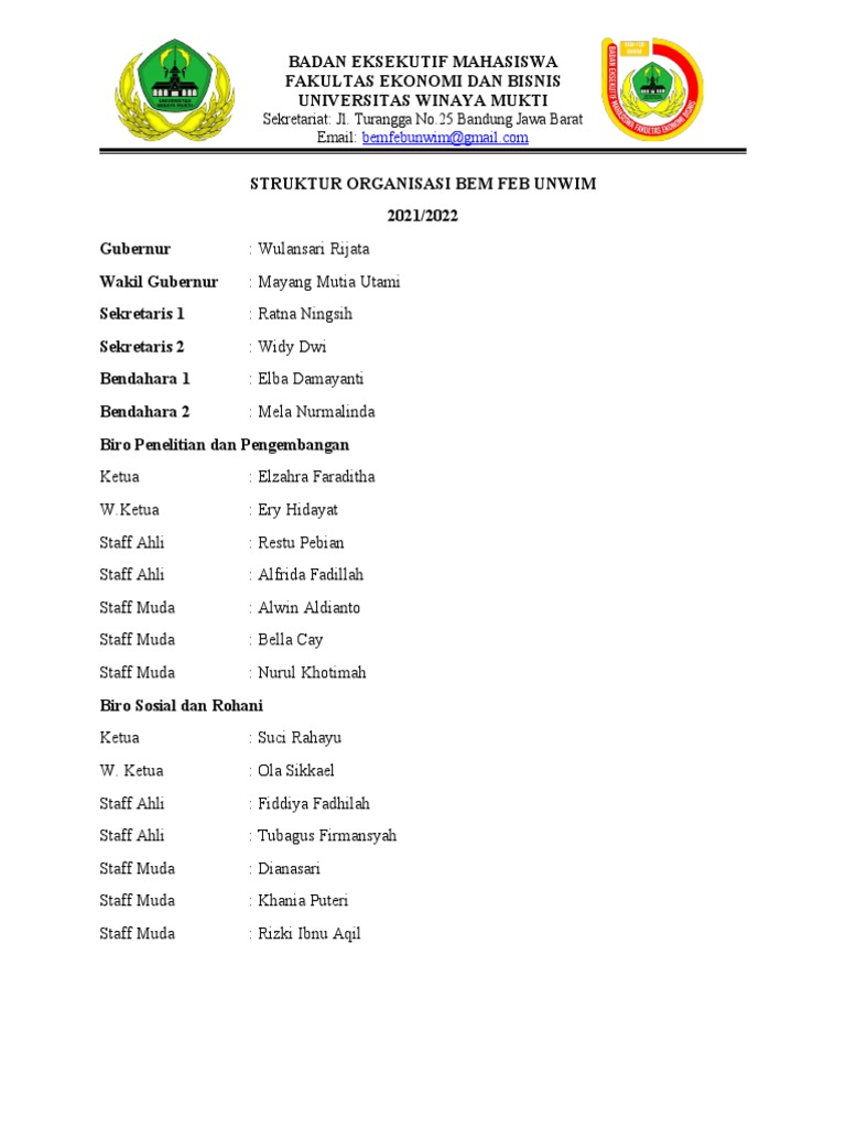 Struktur BEM FEB UNWIM 2021/2022 | PDF