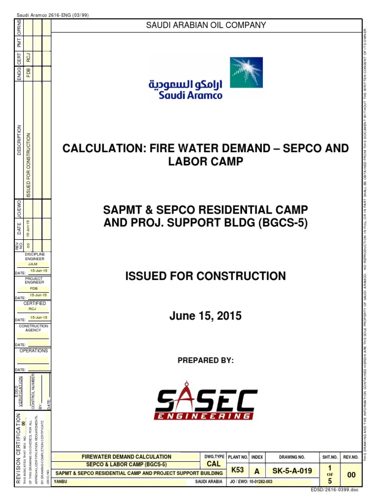Calculation: Fire Water Demand - Sepco and Labor Camp: Saudi Arabian ...