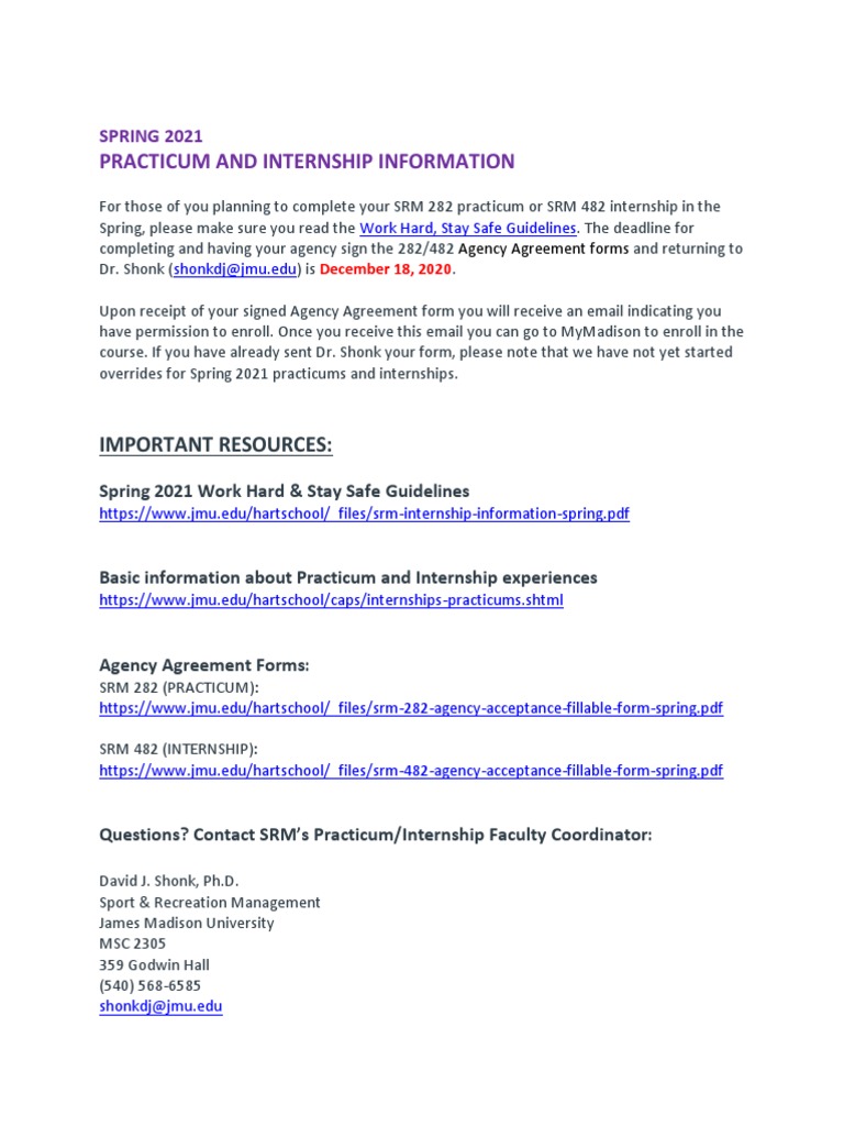Spring 2021 Practicum & Internship Info | PDF