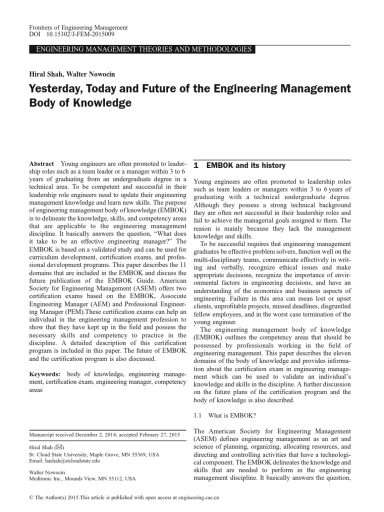 Yesterday, Today and Future of The Engineering Management Body of ...