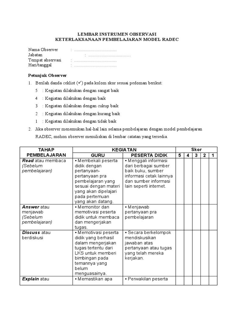 LEMBAR INSTRUMEN OBSERVASI Kerterlaksanaan Model Radec | PDF