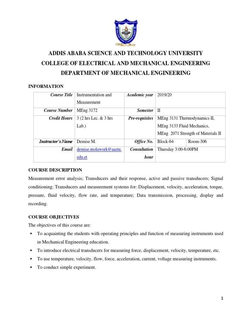 Measurement Principles and Instrumentation: A Course Outline for an ...