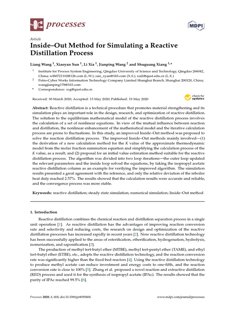 Processes: Inside-Out Method For Simulating A Reactive Distillation ...