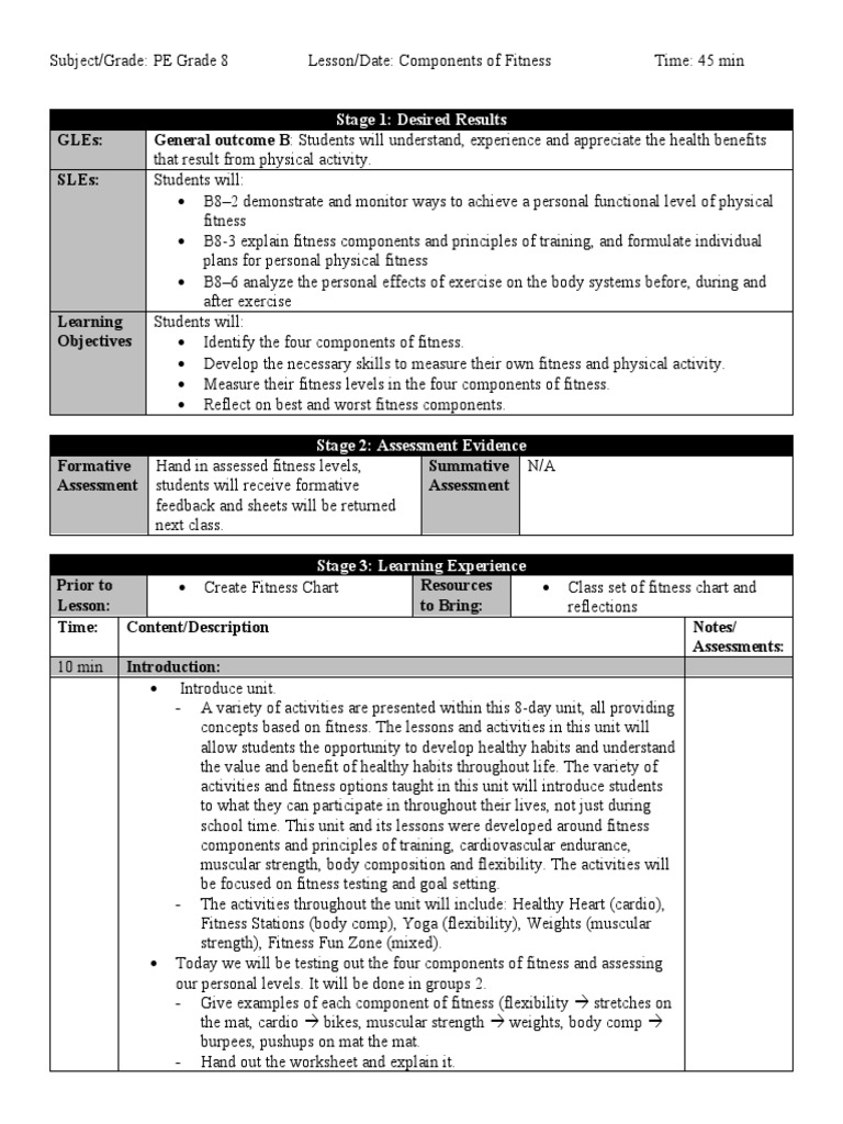 Grade 8 Fitness Components Lesson Plan | PDF | Physical Fitness ...