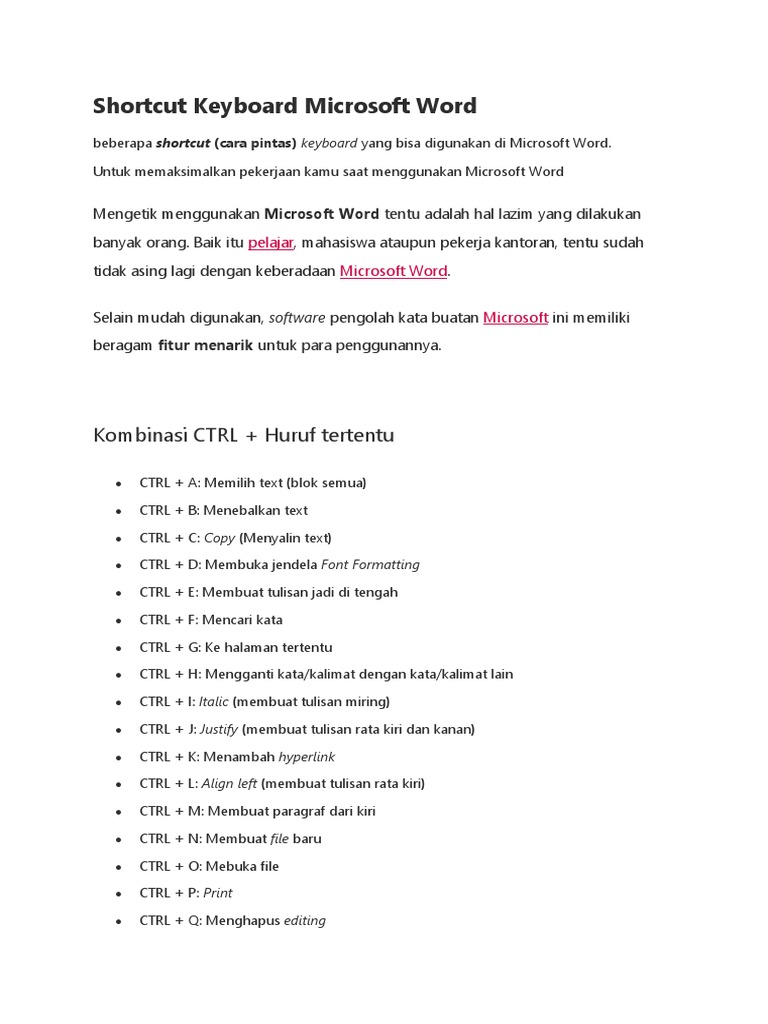 Shortcut Keyboard Microsoft Word | PDF