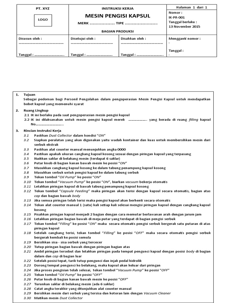 Ik Pemakaian Mesin Pengisi Kapsul | PDF