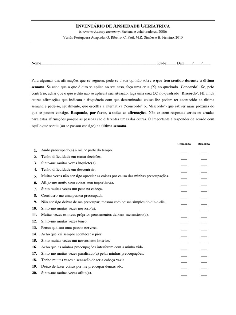 Geriatric Anxiety Inventory - INVENTÁRIO DE ANSIEDADE GERIÁTRICA | PDF