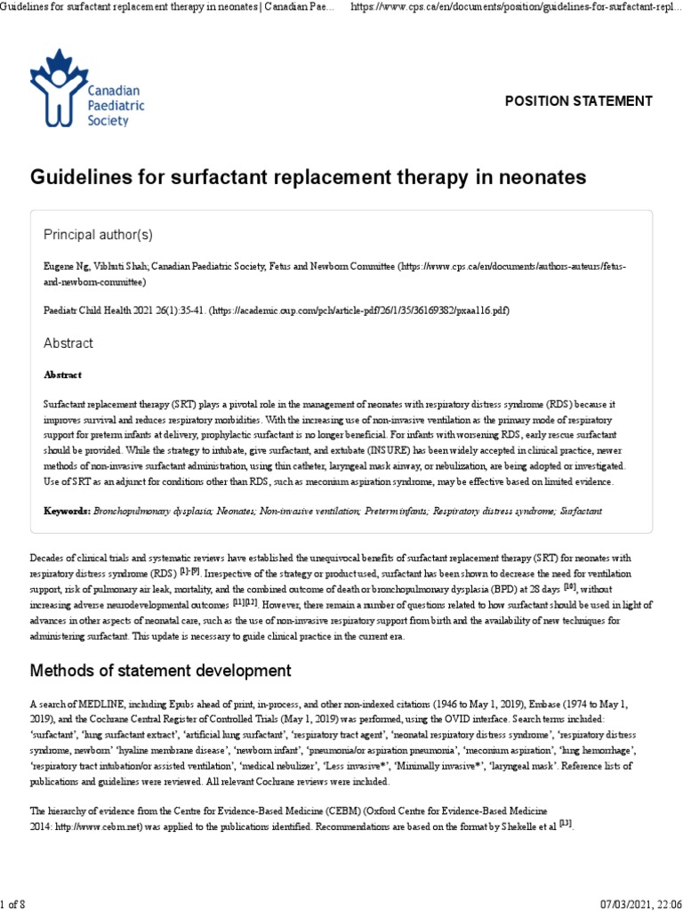 Guidelines For Surfactant Replacement Therapy in Neonates Canadian ...