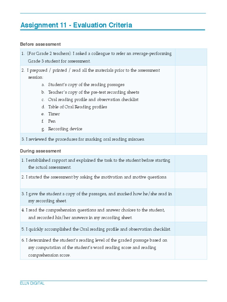 Assignment 11 - Evaluation Criteria: Before Assessment | PDF | Reading ...