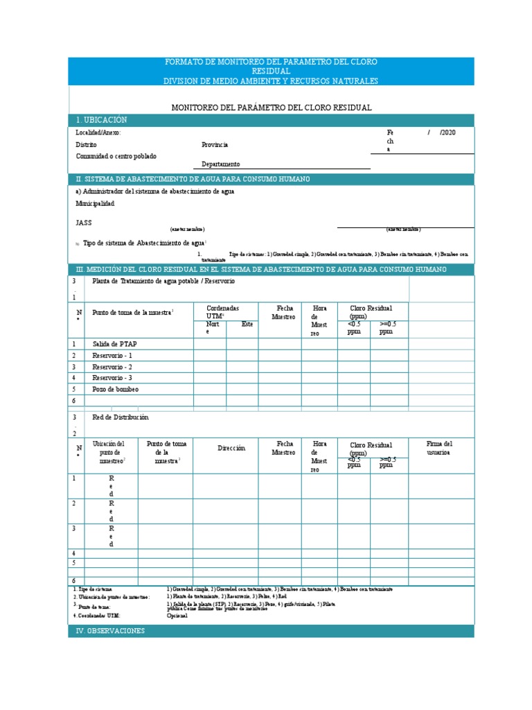 Formato de Monitoreo Del Parámetro Del Cloro Residual | PDF | Red de abastecimiento de agua ...