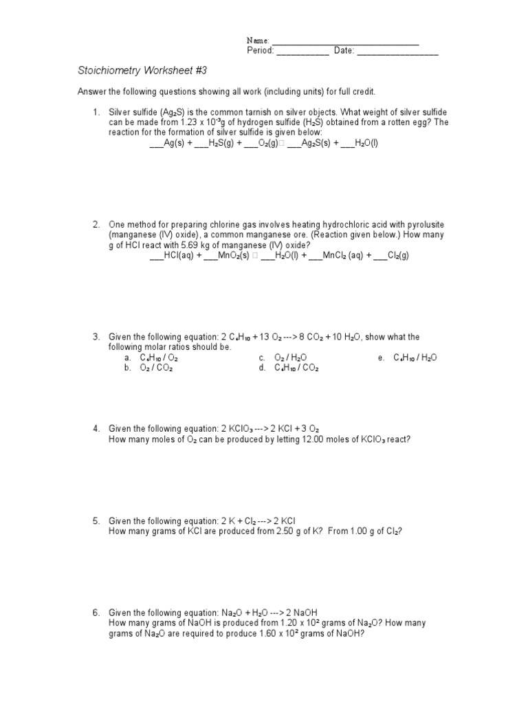 Stoichiometry Worksheet 3 | PDF | Iron | Stoichiometry