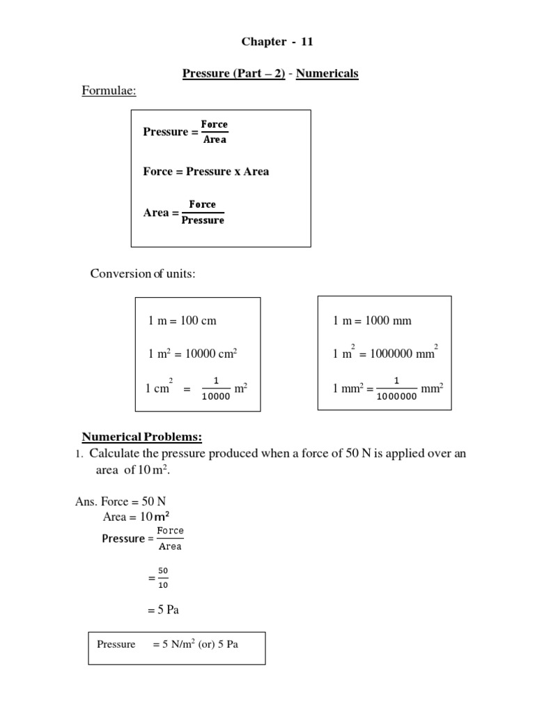 PRESSURE - Part 2 (Numericals) | PDF | Pressure | Force