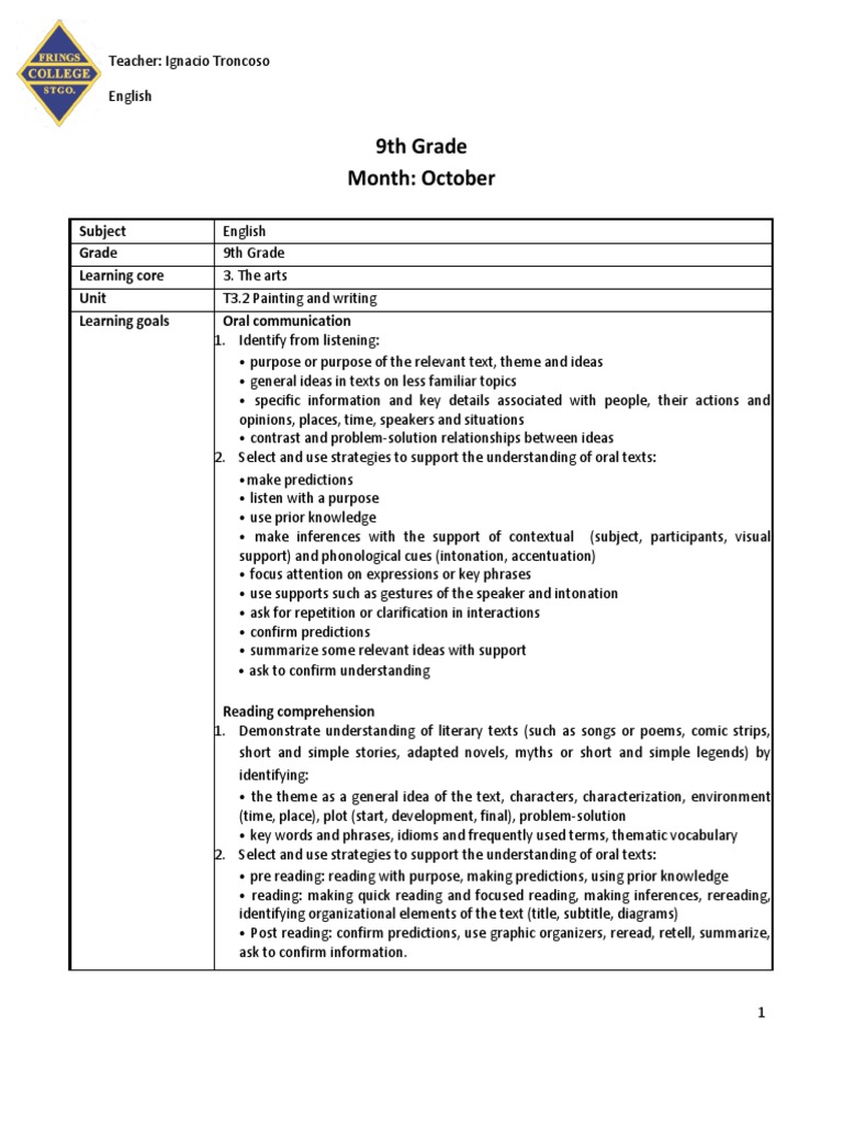 9th Grade Month: October: Subject Grade Learning Core Unit Learning ...