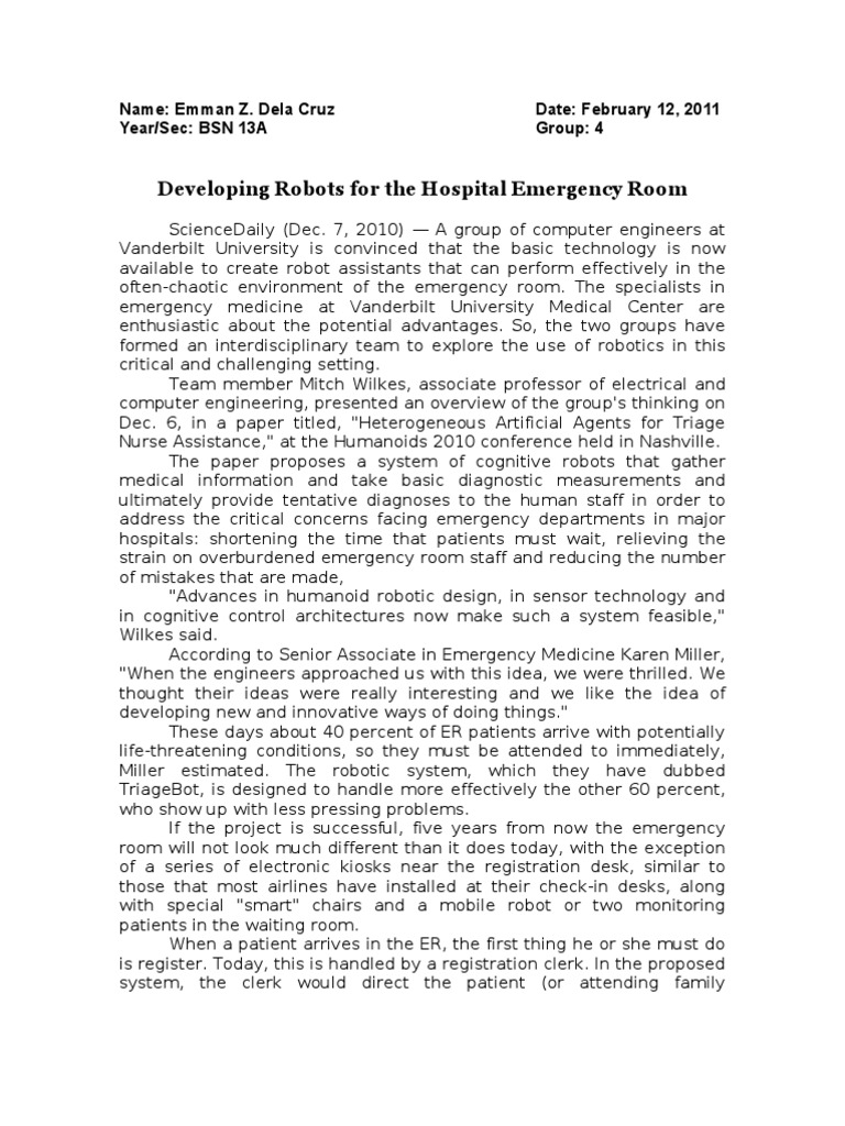 Triage Bot | PDF | Emergency Department | Robot