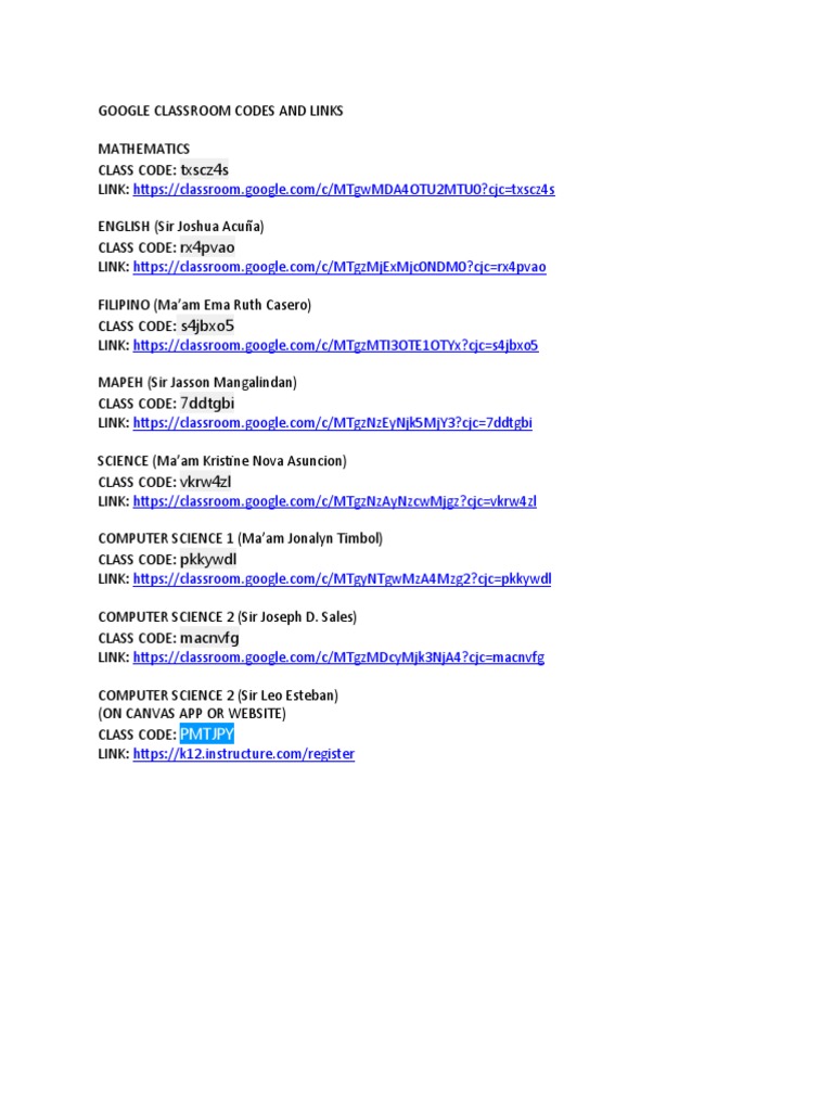 Google Classroom Codes and Links | PDF | Computers