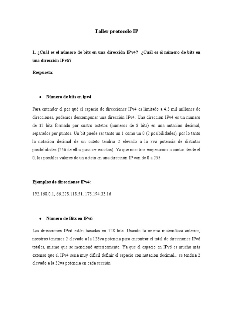 Taller Protocolo IP | PDF | Dirección IP | Yo Pv6