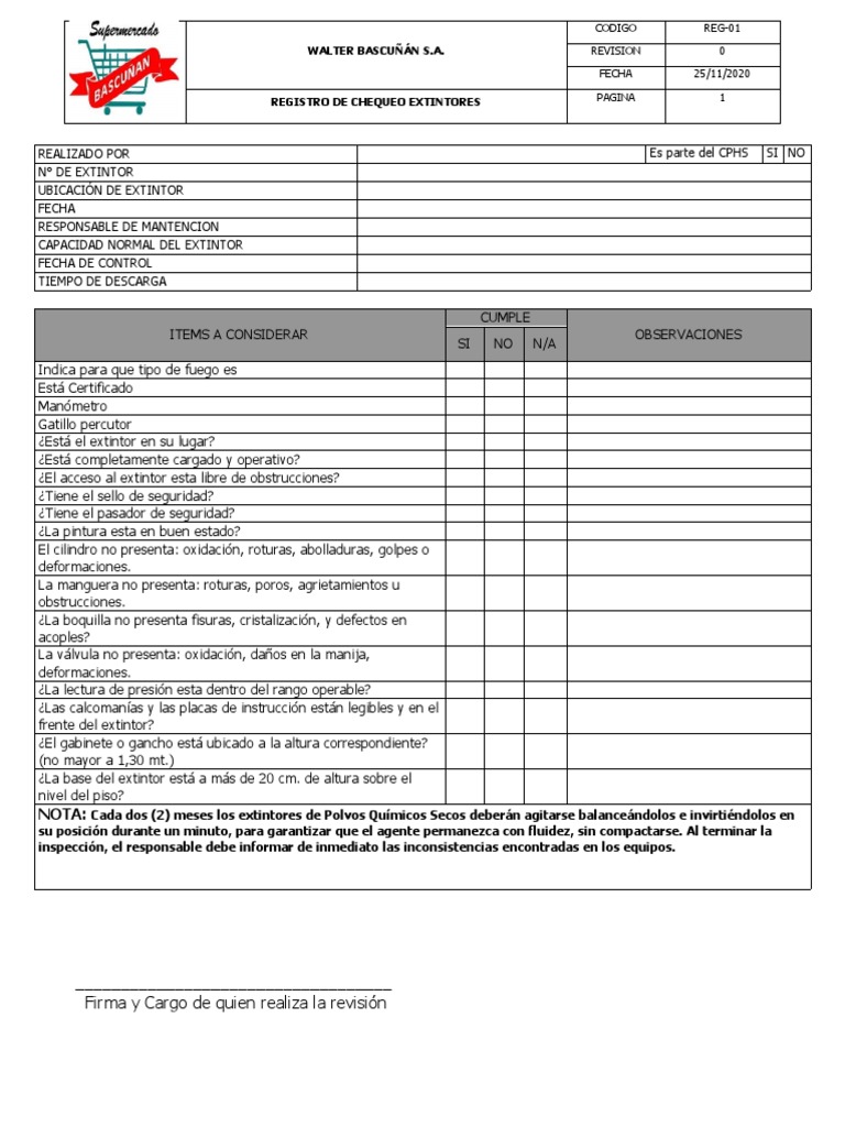 REG-01 Registro de Chequeo Extintores | PDF