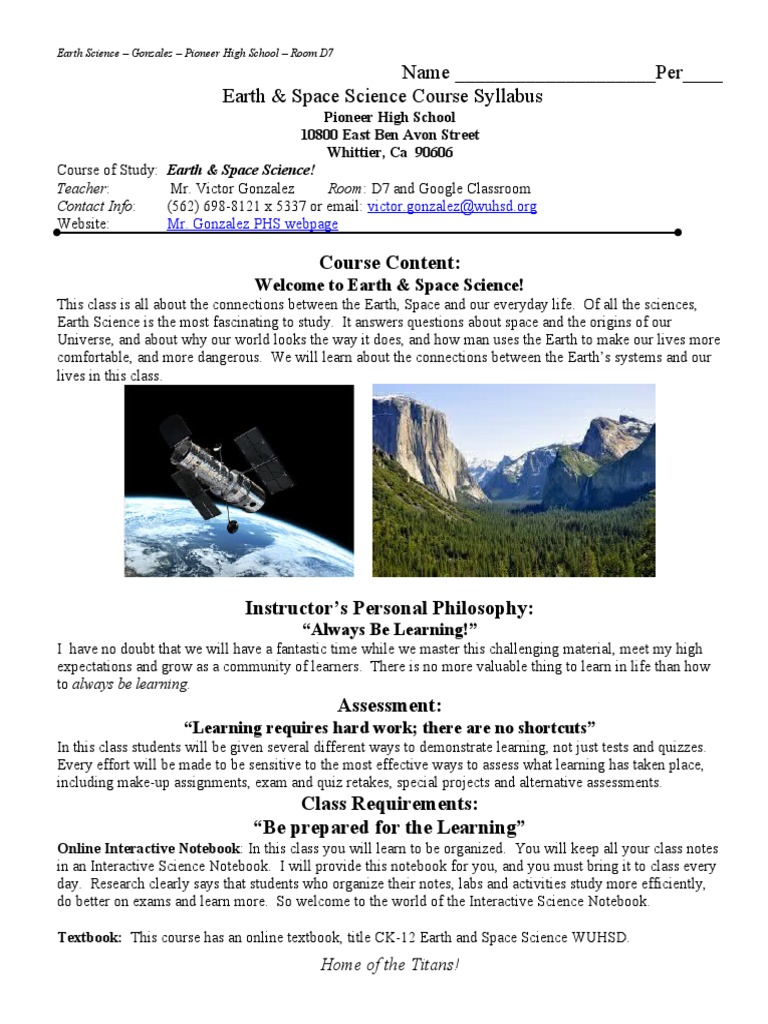 Earth Space Science Syllabus 2020 | PDF | Classroom | Test (Assessment)