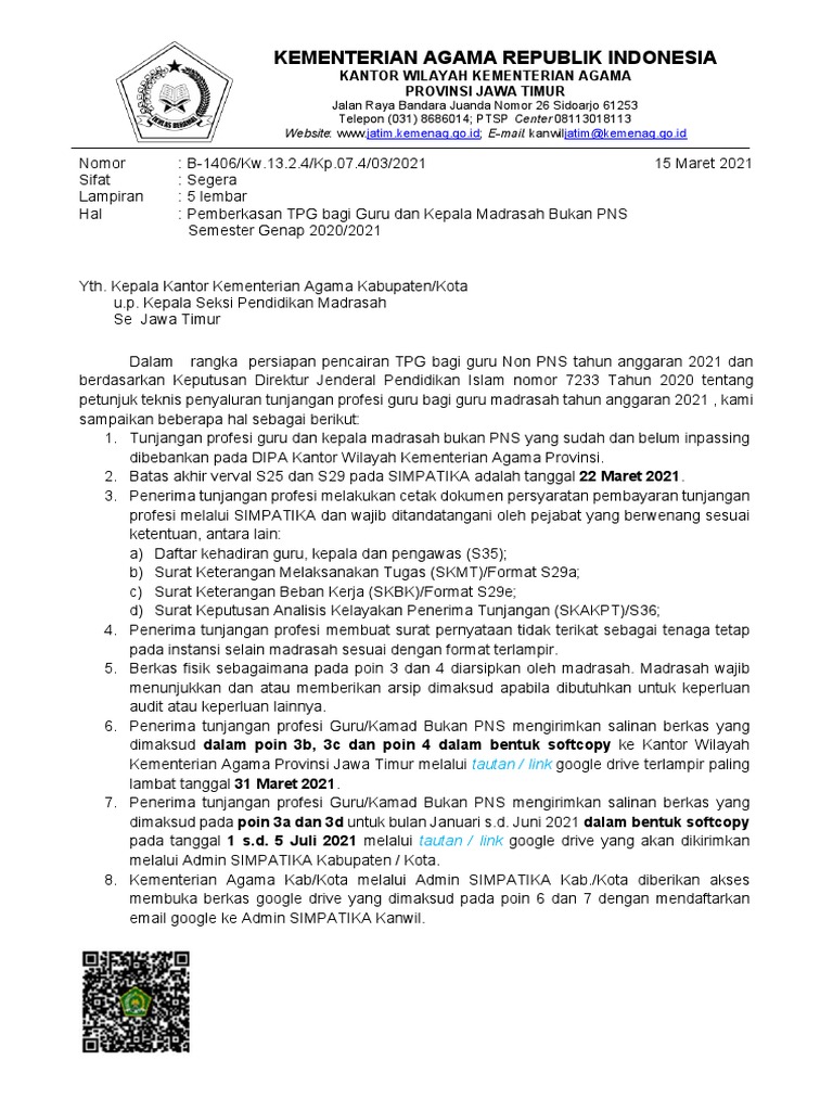 Surat Edaran Pemberkasan Tpg Bagi Guru Non Pns Pdf