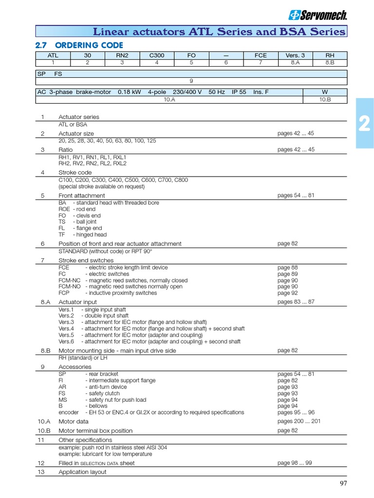 SERVOMECH Mechanical Linear Actuators ATL BSA Series Ordering Code ...