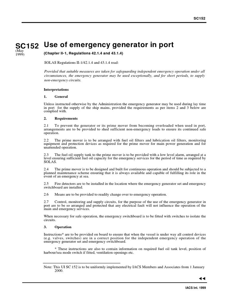 Use of Emergency Generator in Port SC152: Interpretations 1. General ...