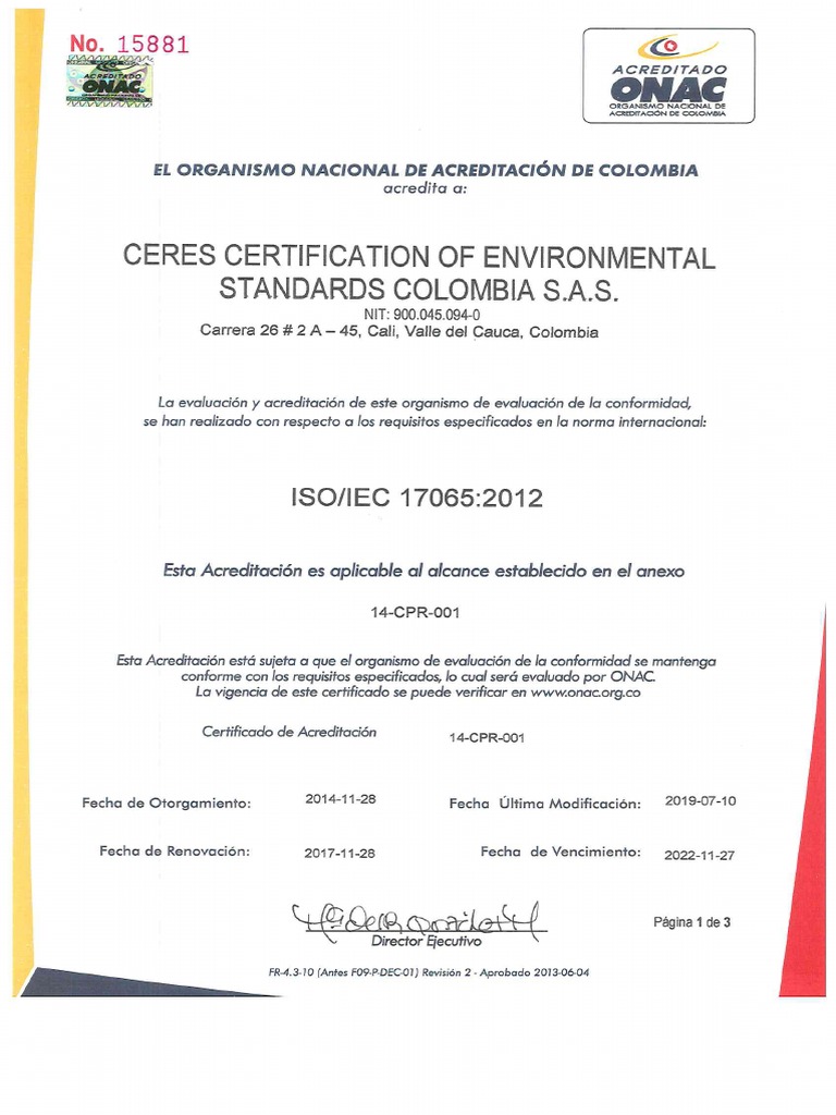 14-CPR-001 - CERTIFICATION OF ENVIRONMENTAL STANDADS COLOMBIA (CERES ...
