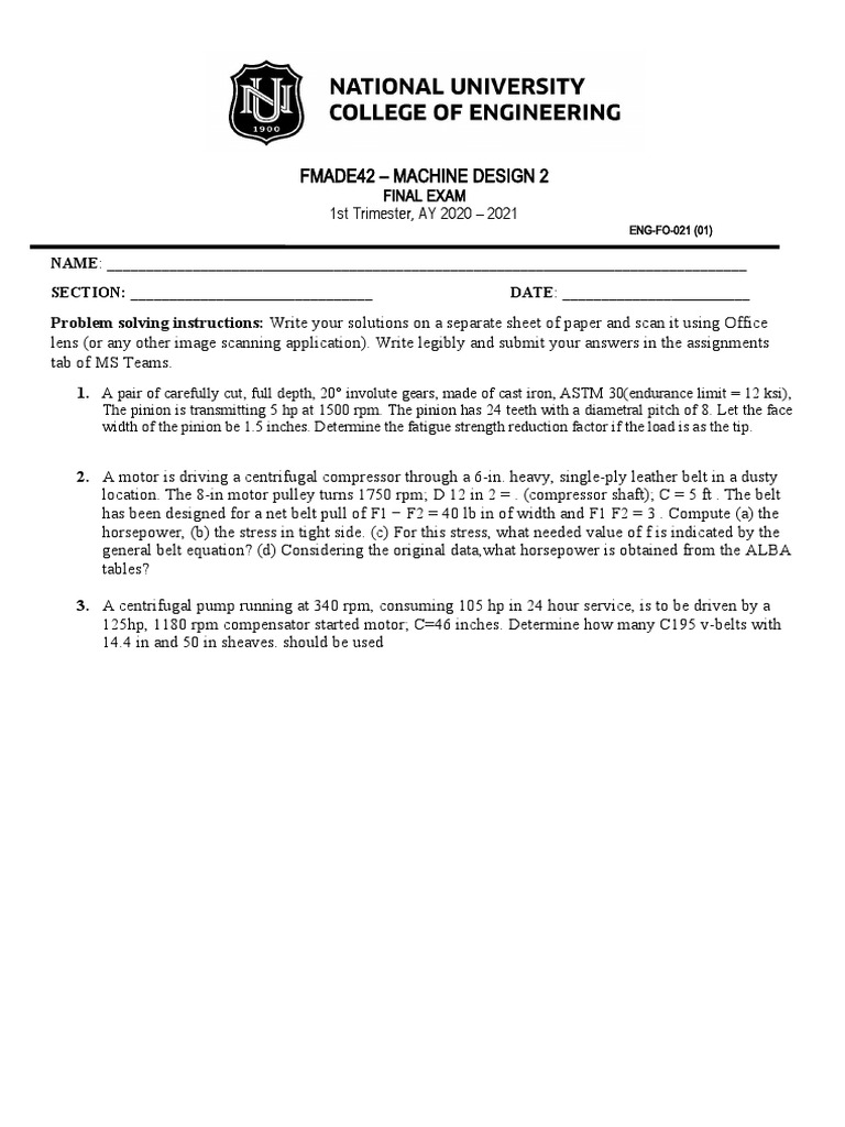 Machine Design 2 Final Exam | PDF