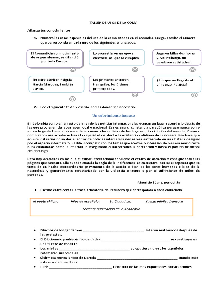 Taller sobre el uso de la coma | PDF