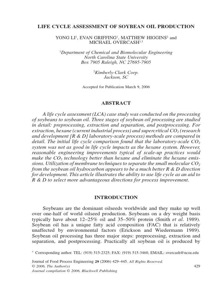 Life Cycle Assessment of Soybean Oil Production: Yong Li, Evan Griffing ...