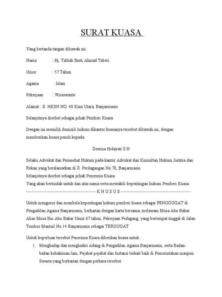 Contoh Surat Kuasa Khusus Dalam Perkara Pembagian Harta Bersama | PDF