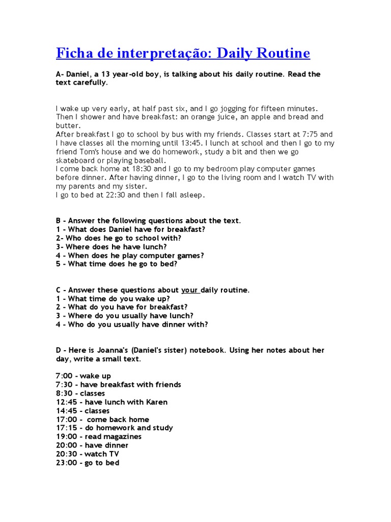 Ficha de Interpretação: Daily Routine | PDF