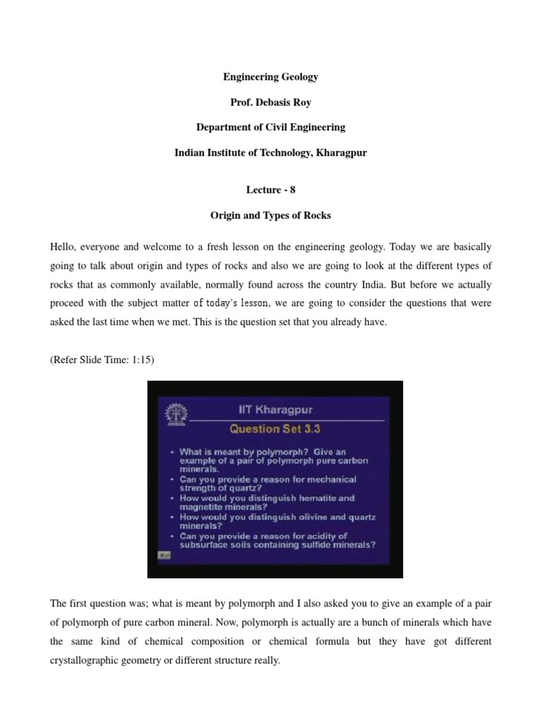 Engineering Geology Prof. Debasis Roy Department of Civil Engineering ...