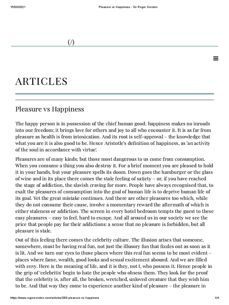 Pleasure Vs Happiness - Sir Roger Scruton | PDF | Happiness | Human Nature