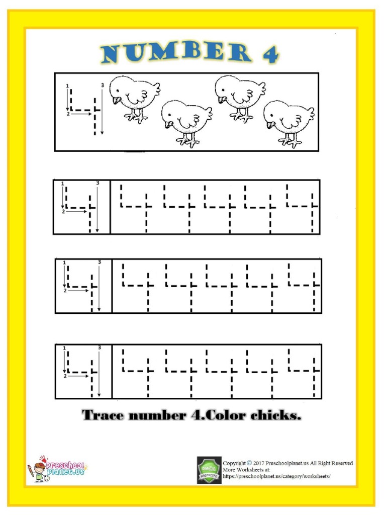 Number 4 Trace Worksheet For Kids | PDF