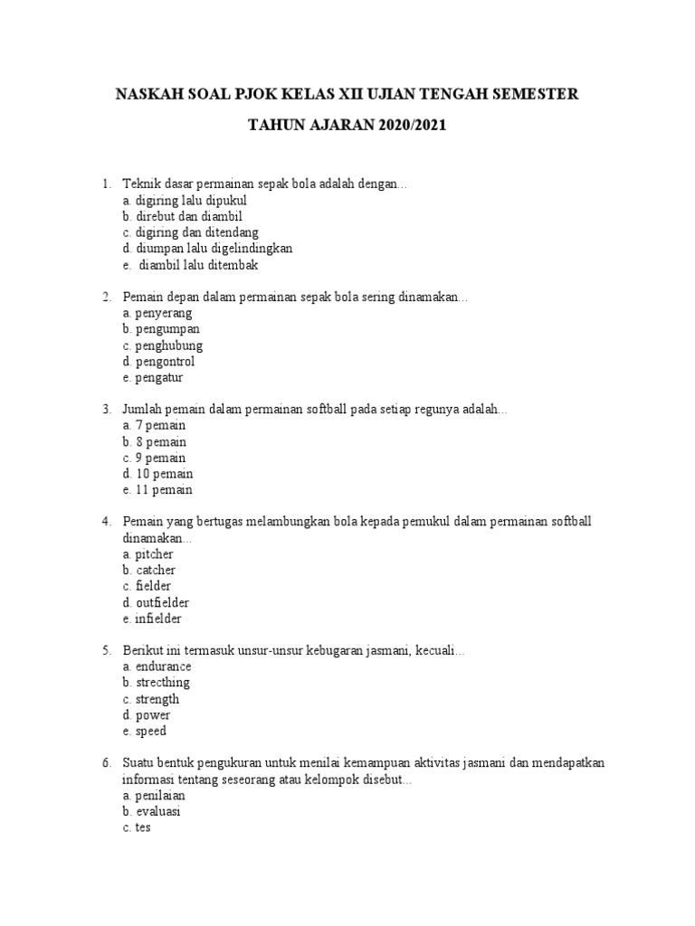 Soal Pjok Kelas Xii Ujian Tengah Semester Genap 2021 | PDF