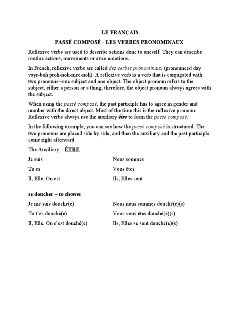 Le Français Passé Composé - Les Verbes Pronominaux | PDF | Semantic ...