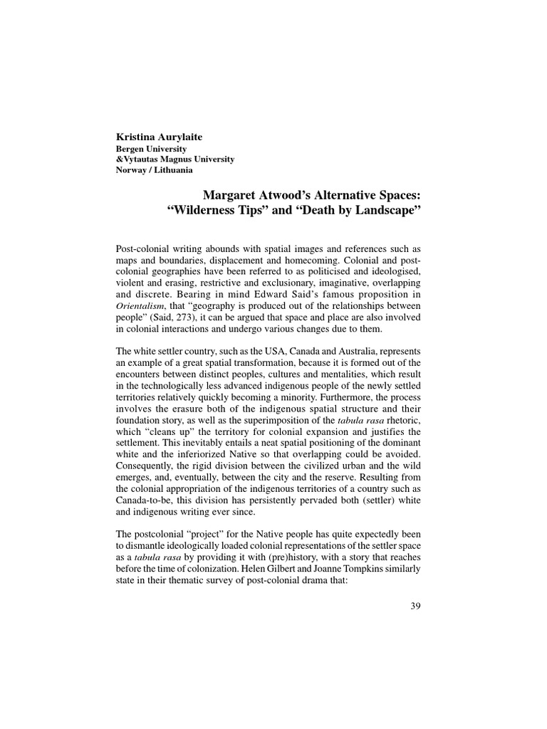AURYLAITE, Kristina. Margaret Atwood's Alternative Spaces. Wilderness ...