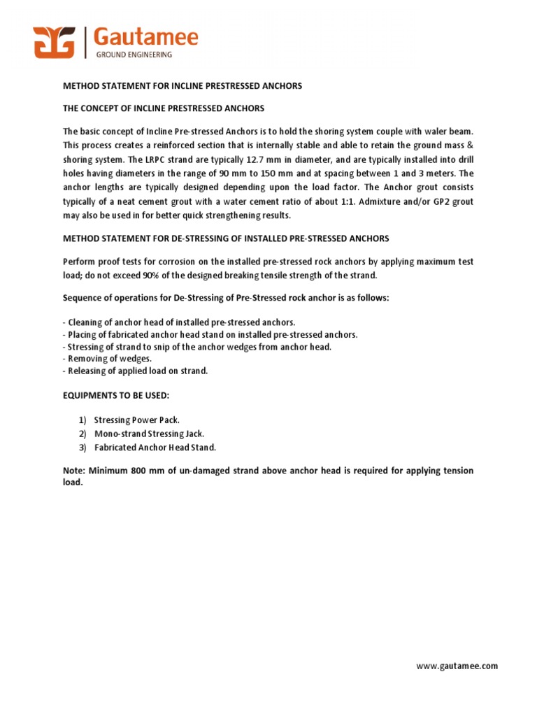 Method Statement For De-Stressing of Incline Prestressed Anchors | PDF