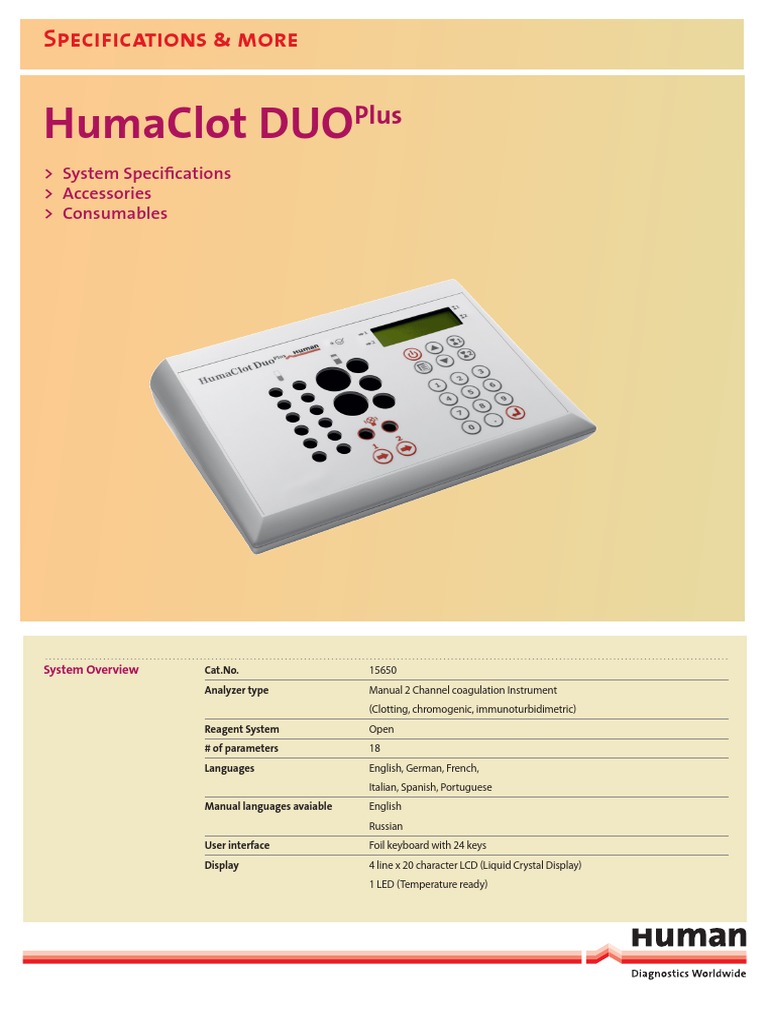 Humaclot Duo: Specifications & More | PDF | Coagulation | Tissue (Biology)
