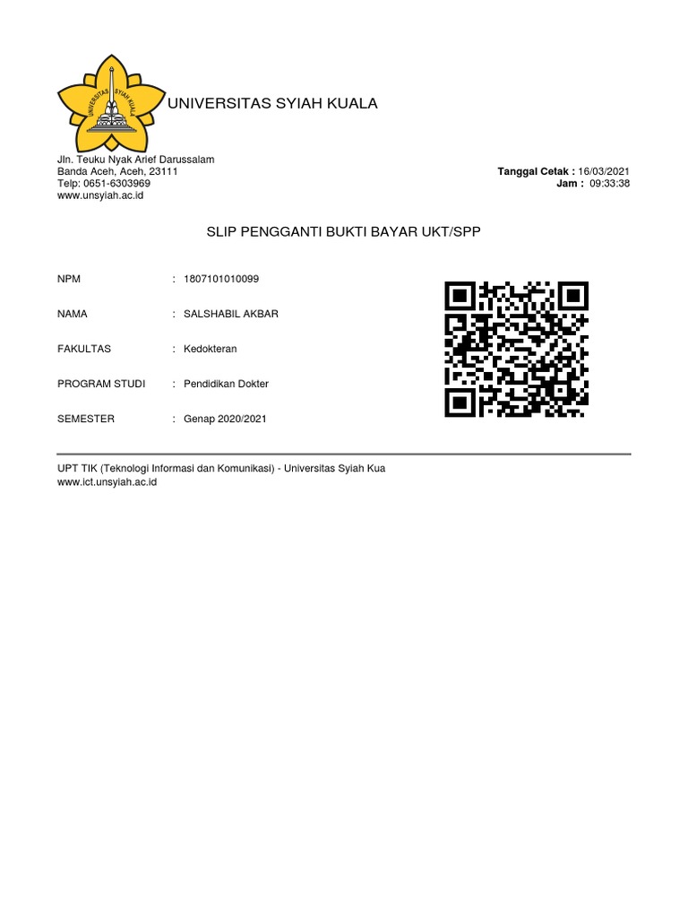 Universitas Syiah Kuala: Slip Pengganti Bukti Bayar Ukt/Spp | PDF