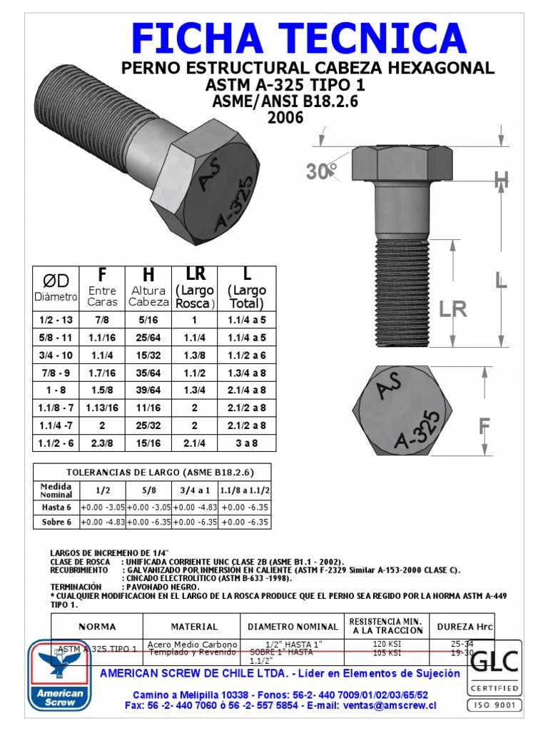 Ficha Tecnica Perno Estructural Astm A 325 Tipo 1 | PDF | Tornillo ...