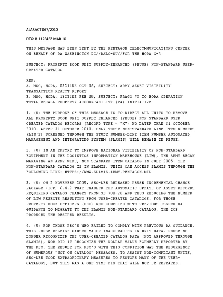 Alaract - 067 - 2010 - Property Book Unit Supply-Enhanced (Pbuse) Non ...